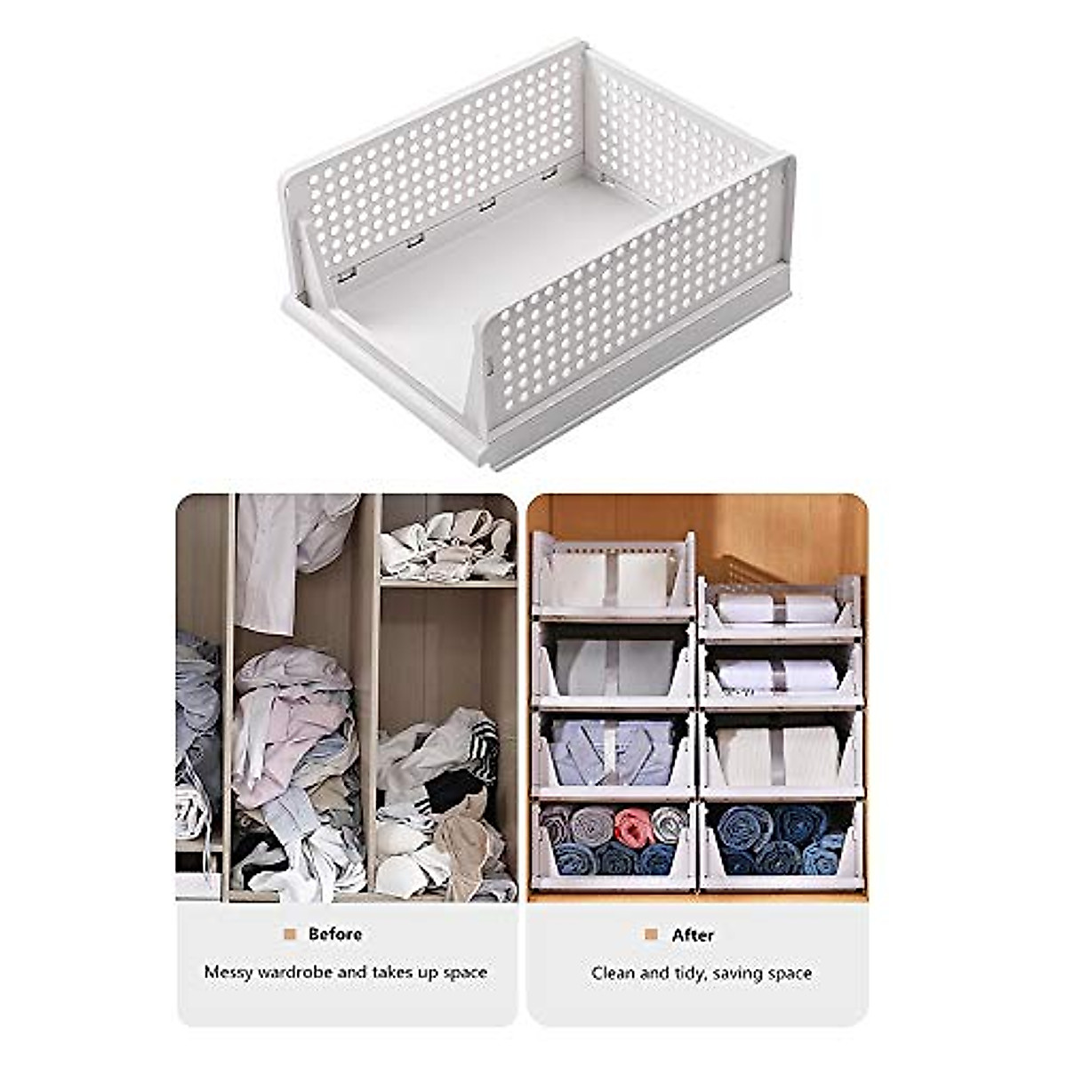 Ygapuzi 4Pack Stackable Clothes Storage Basket Organizer Sliding Cabinet Drawer Shelf DIY Divider Separator Desktop Container for Wardrobe Cupboard Kitchen Bathroom Office (White)
