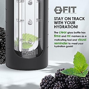 32 oz Glass Water Bottle with Straw Lid, Time Marker, Sleeve & Extra Lid - Motivational, Wide Mouth, Large BPA-Free 1 Liter Glass Water Bottle, Glass Drinking Bottle, Waterbottle (Black Sleeve)