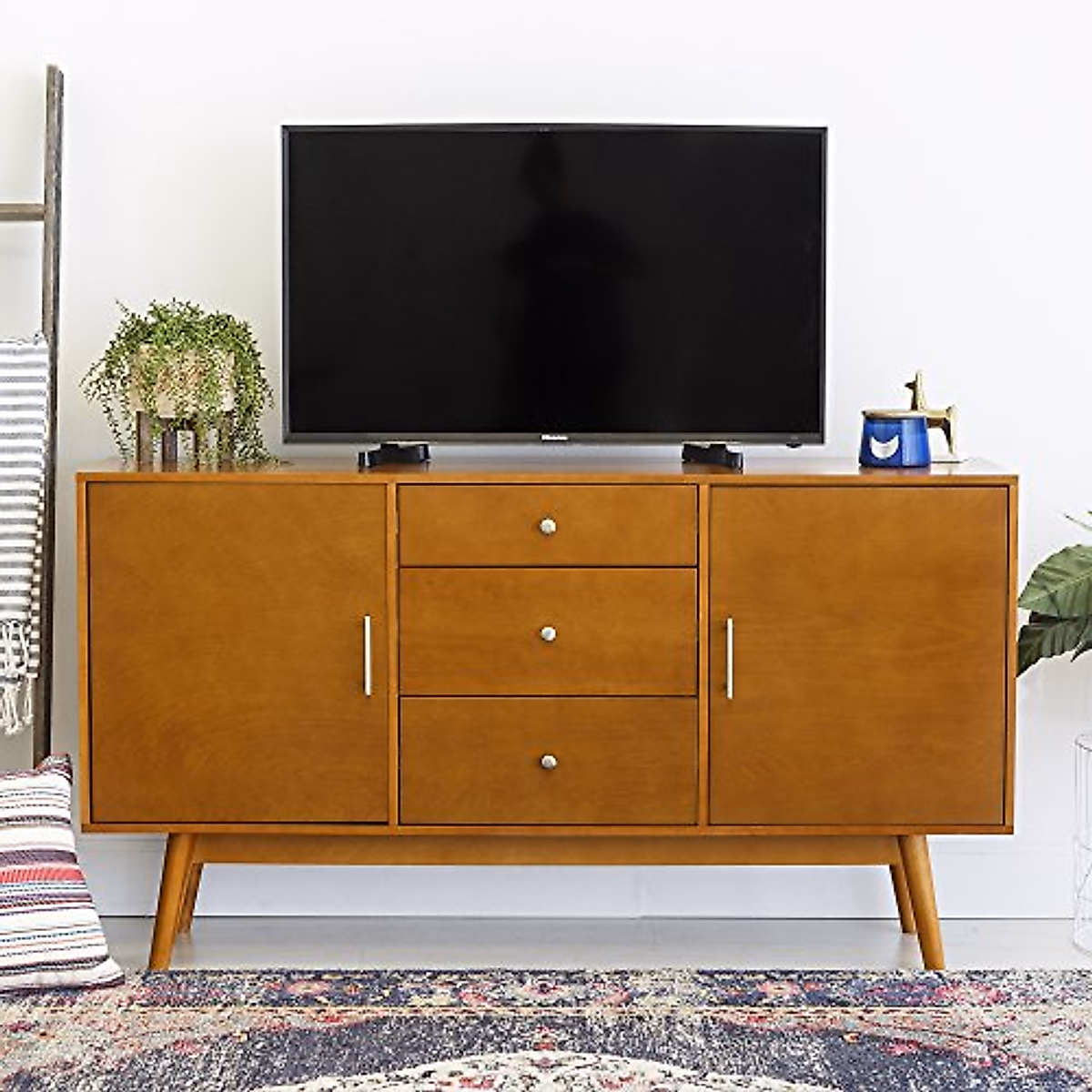 New 60 Inch Wide Mid-Century Modern Television Stand in Acorn Finish