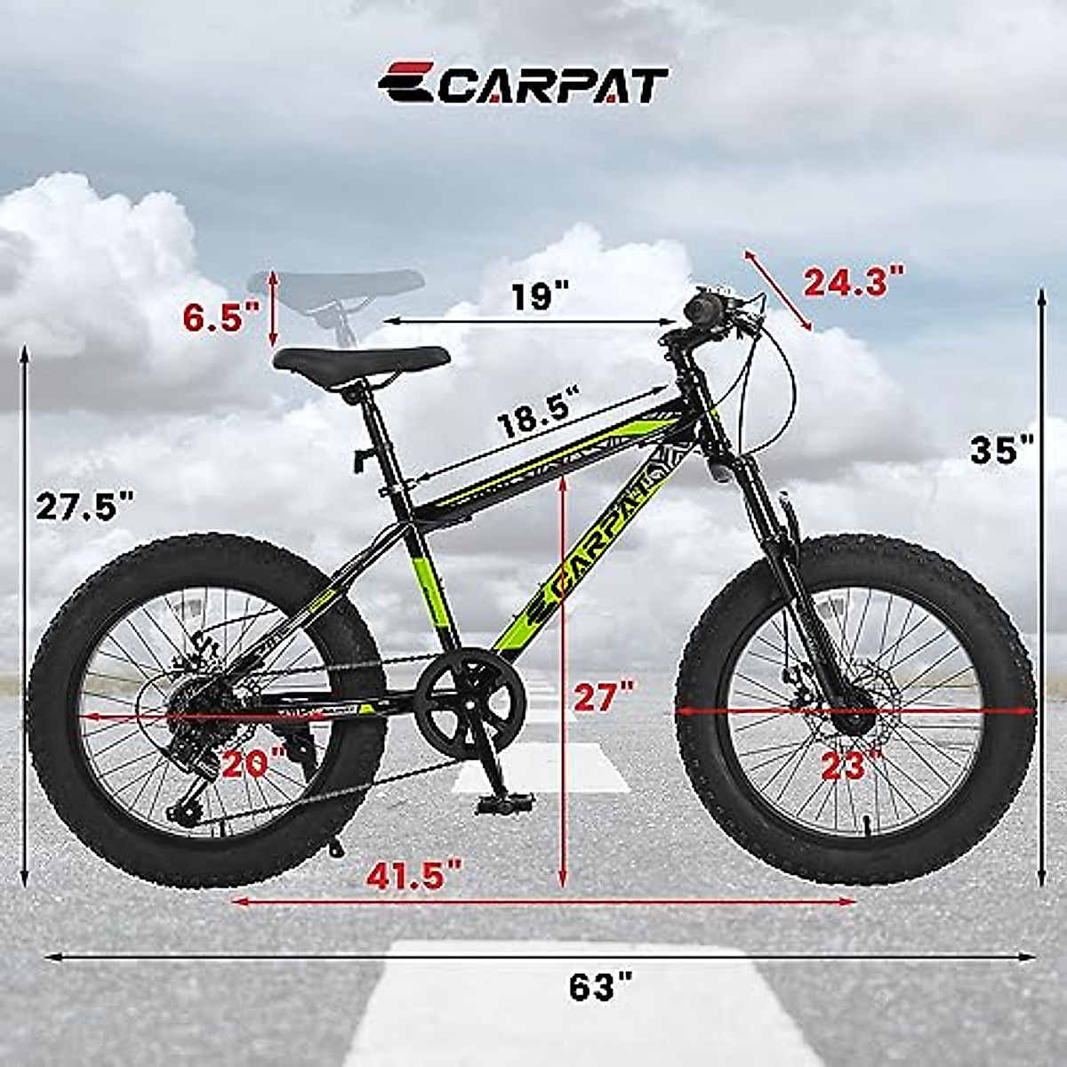 Elecony Ecarpat 20/24/26 Inch Fat Tire Mountain Bike Teenages Boys Girls 7/21 Speed, Front Suspension Disc Brake Bicycle, Carbon Steel Frame Mountain Trail Bike, Beach Bicycle