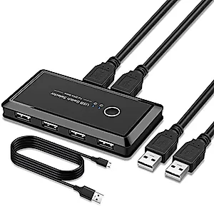 USB Switch Selector KVM Switch 2 Computers Sharing 4 USB Devices USB 2.0 Peripheral Switcher Box Hub for Mouse Keyboard Scanner Printer PCs with One-Button Swapping and 2 Pack USB A to A Cable