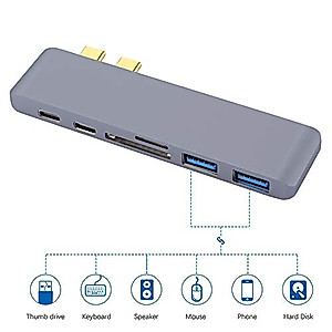 Leya-US Spare Part 6 in 1 Multi-Function Aluminium Alloy 5Gbps Transfer Rate Dual USB-C/Type-C HUB Adapter with 2 USB 3.0 Ports & 2 USB-C/Type-C Ports & SD Card Slot & TF Card Slot Compatible for