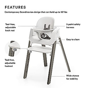Stokke Steps High Chair - Hazy Grey Legs & White Seat - 5-in-1 Seat System - Includes Baby Set - Suits Babies 6-36 Months - Chair Holds Up to 187 lbs. - Tool Free & Adjustable