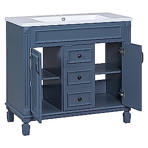 Aiuyesuo 36'' Modern Bathroom Vanity, Royal Blue Mirror Combo Stand Cabinet, Modern Bathroom Storage Cabinet with 2 Soft Closing Doors and 2 Drawers, Single Sink Bathroom Vanity