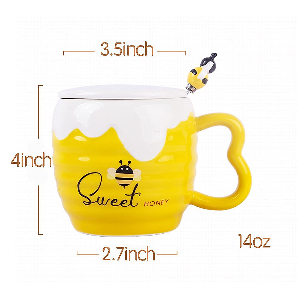 Mozacona Embossed Ceramic Honey Jar Coffee Mug with Lid and Bee Spoon