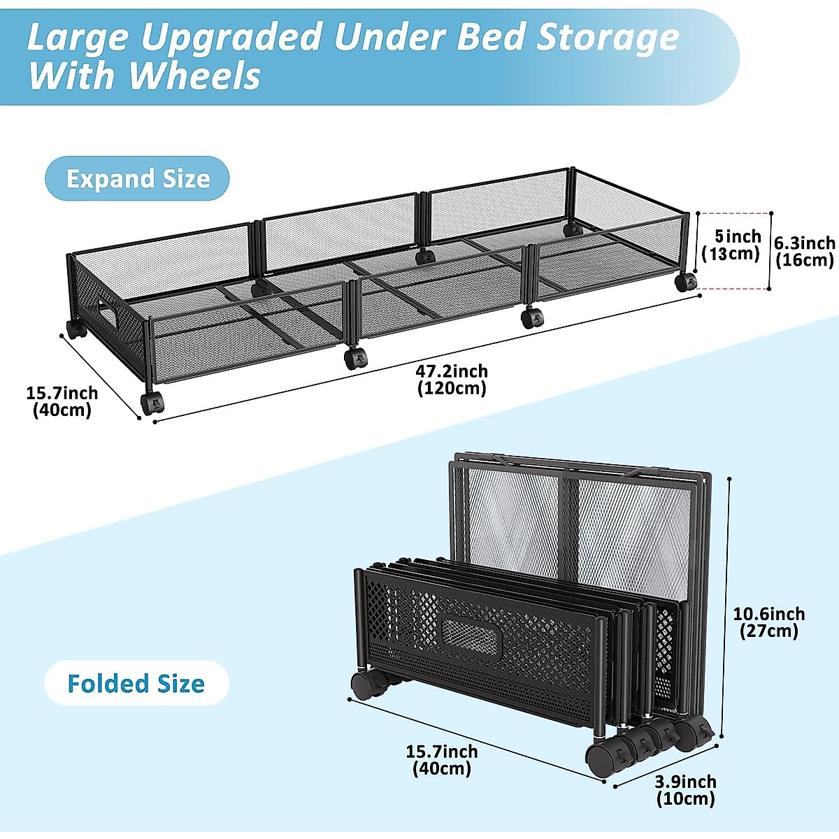 Nonkky 47.2'' Long Under Bed Storage, 57.6L Large Capacity Under Bed Storage with Wheels, Rolling Under the Bed Storage Containers, Tool-Free Assembly Foldable Underbed Shoes Clothes Storage Drawers