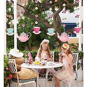 Tea Party Decoration Banner and Hanging Decorations Set Alice in Wonderland Party Garland Decor Teapot Teacup Flower Hanging Garlands for Tea For Girls, Princesses, Bridal Showers, Birthday Party