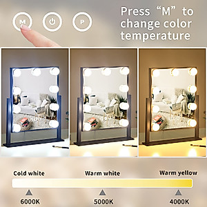 NUSVAN Vanity Mirror with Lights,Makeup Mirror with Lights with 9 Dimmable LED Bulbs, 3 Color Lighting Modes Detachable 10X Magnification Mirror Touch Control,360°Rotation