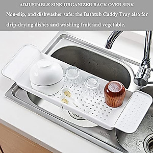 Bathtub Caddy Tray, Expandable Bath Shelf, Adjustable Plastic Bathtub Caddy, Bathroom Tray, Bathtub Accessories & Bathroom Gadgets - Unique Gift Idea (7Wx31Lin, White)