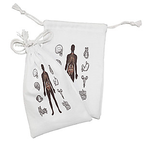 Ambesonne Anatomy Fabric Pouch Set of 2, Human Body with Internal Organs Sketch Health Biology Man Physiology, Small Drawstring Bag for Toiletries Masks and Favors, 9" x 6", Dark Brown White