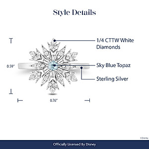 Jewelili Enchanted Disney Fine Jewelry Sterling Silver with 1/4 CTTW Diamonds and Sky Blue Topaz Elsa Snowflake Ring Size 8