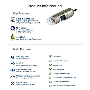 Dino-Lite USB Digital Microscope AM4113T - 1.3MP, 10x - 50x, 220x Optical Magnification, Measurement