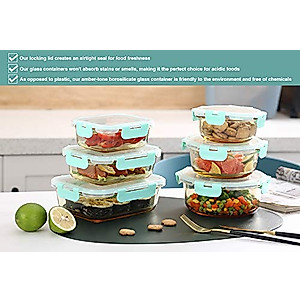 Emica Glass Food Container Set-6 Pack, Glass Amber Color Meal Prep Containers, Food Prep Containers Glass with Lids, Airtight Glass Bento Boxes (6 Containers & 6 Lids)