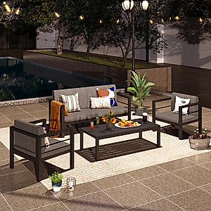 GARTOO Outdoor Aluminum Furniture Set - 4 Pieces Modern Patio Conversation Sofa Sets with Upgraded Removable Cushion, Outside Sectional Sofas Sets with Coffee Table for Balcony, Backyard, Poolside