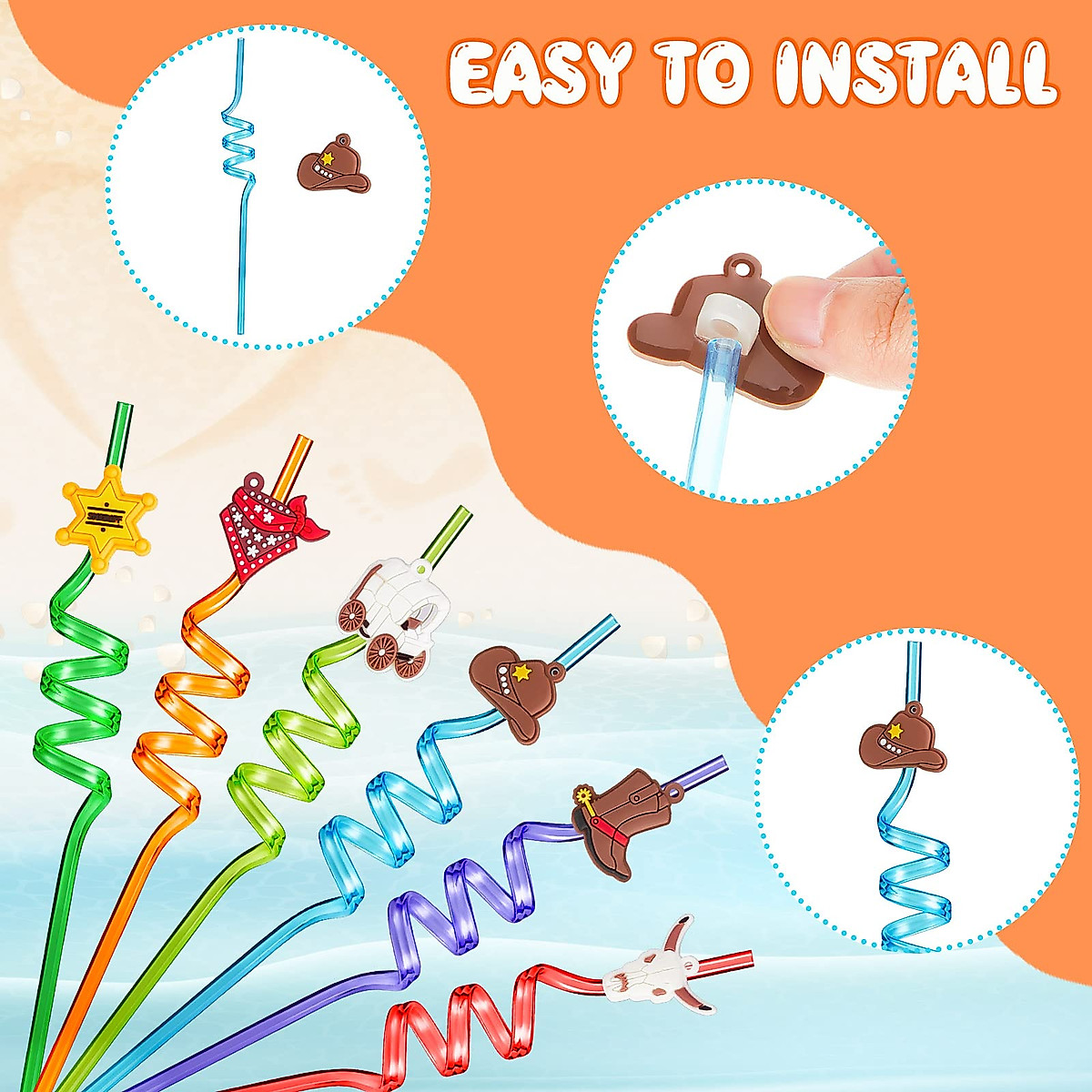 24 Pieces Western Cowboy Party Favors Cowgirl Straws Reusable Drinking Plastic Straws Kids Western Party Supplies for Birthday Baby Shower