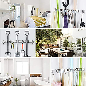 VOSIGREEN Broom & Mop Holder, Wall Mount Organizer Hanger for Rakes, Utensils, Tools-3 Clamps, 4 Hooks-17” Self Adhesive or Drillable Installation-For Kitchen, Garage, Garden, Office, Closet, 2 Pack