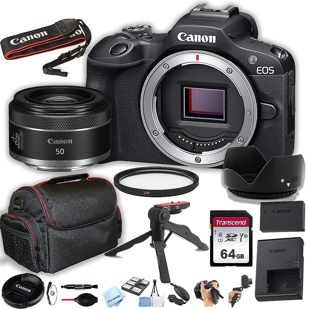 Canon EOS R100 Mirrorless Camera with 50mm Prime Lens + 64GB Memory Card, Case, Hood, Grip-Pod, Filter Professional Photo Bundle (Renewed)