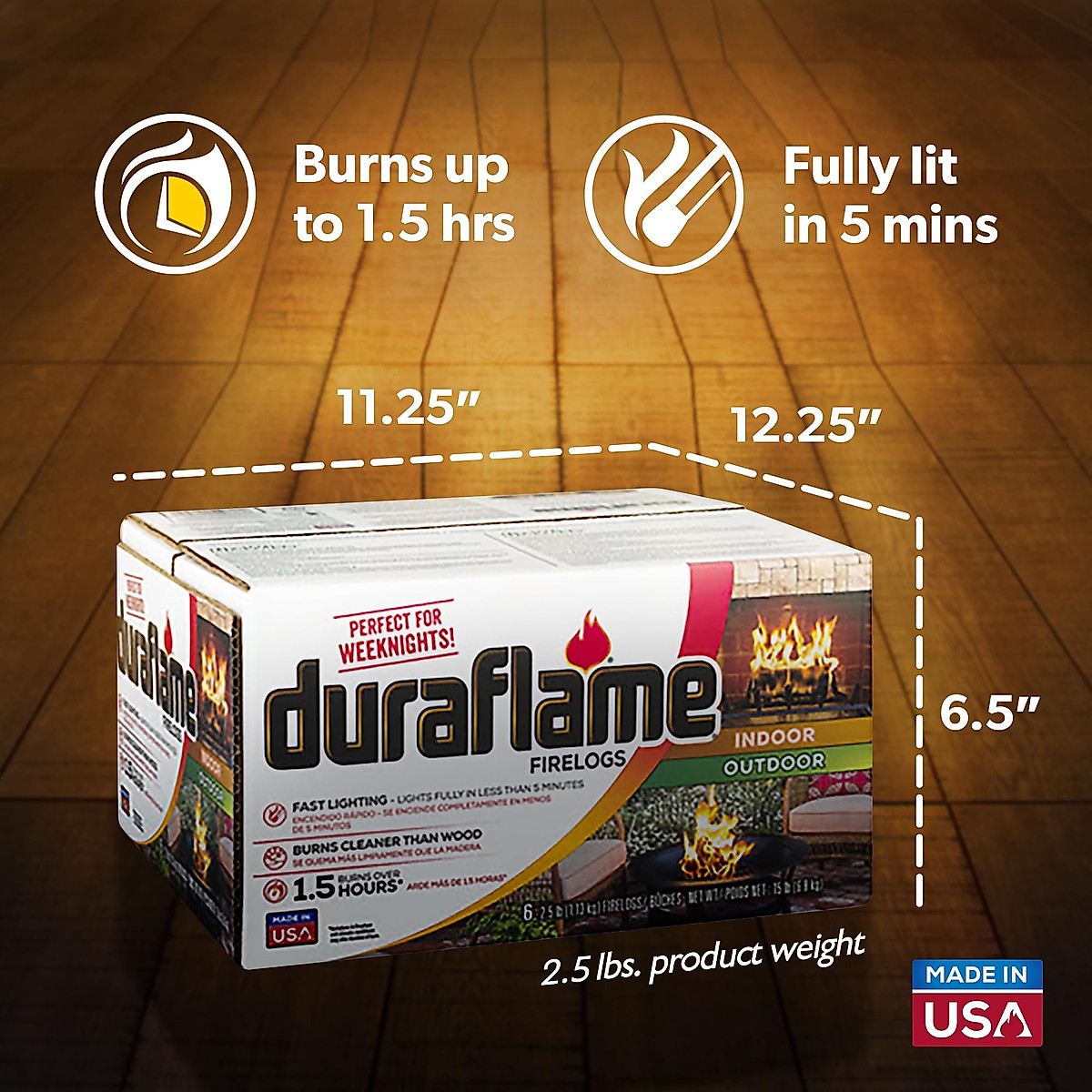 Duraflame 2.5 Pound 1.5 Hour Long Burn Time Indoor Outdoor Quick Light Fire Log for Camping, Firepits, Bonfires, and Fireplaces (6 Pack)