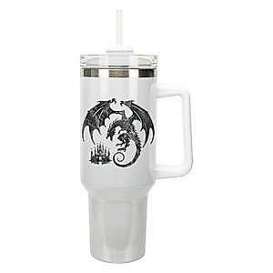 Elanze Designs Majestic Flying Dragon 40 oz. Stainless Steel, Large Water Bottle Coffee Mug, Spill & Leak Resistant, Thermal Travel Tumbler with Handle, Lid & Straw, White