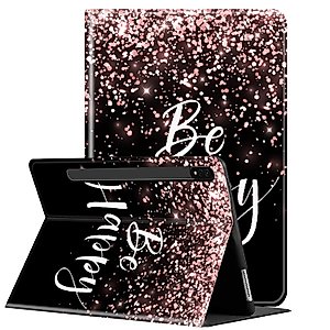 Case for Samsung Galaxy Tab S8 Plus 2022/ Tab S7 FE 5G 2021/ Tab S7 Plus 2020 Tablet 12.4-inch, Multi-Angle Bracket with Automatic Sleep/Wake Protection Case - Rose Gold Glitter Black Be Happy