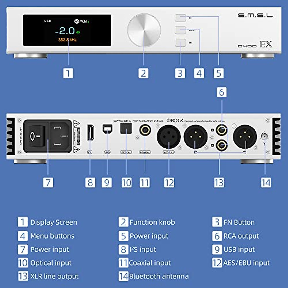 S.M.S.L D400EX HiFi Fever Dac Pure Decoder,AK4499EX (x2)+AK4191(x1) Chip,MQA Full Decoding,USB/Optical/Coaxial/Bluetooth,5xOPA1612A+4xLME49720 (with Remote Control)