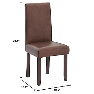 SIMPLIHOME Acadian Parson Dining Chair (Set of 2), Distressed Saddle Brown Faux Leather and SOLID WOOD, Square, Upholstered, For the Dining Room, Transitional Modern