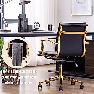 CIMOO Black Leather Office Chair Small Desk Chair Gold Executive Office Chair with Wheels Swivel Arm Chair Retro Task Chairs