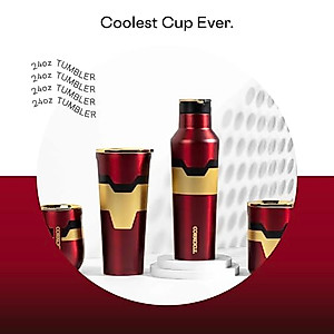 Corkcicle Marvel 24 Ounce Triple Insulated Stainless Steel Travel Cup Tumbler with Lid and Silicone Bottom for Hot and Cold Drinks, Iron Man