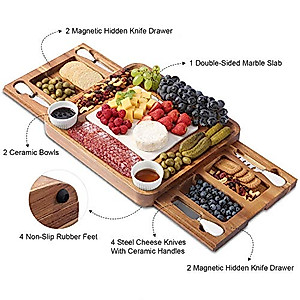 ABELL Cheese Board and Knife Sets Acacia Charcuterie Boards Serving Tray with Double Side Marble Slab for Housewarming Party Thanksgiving Birthday Wedding Gifts