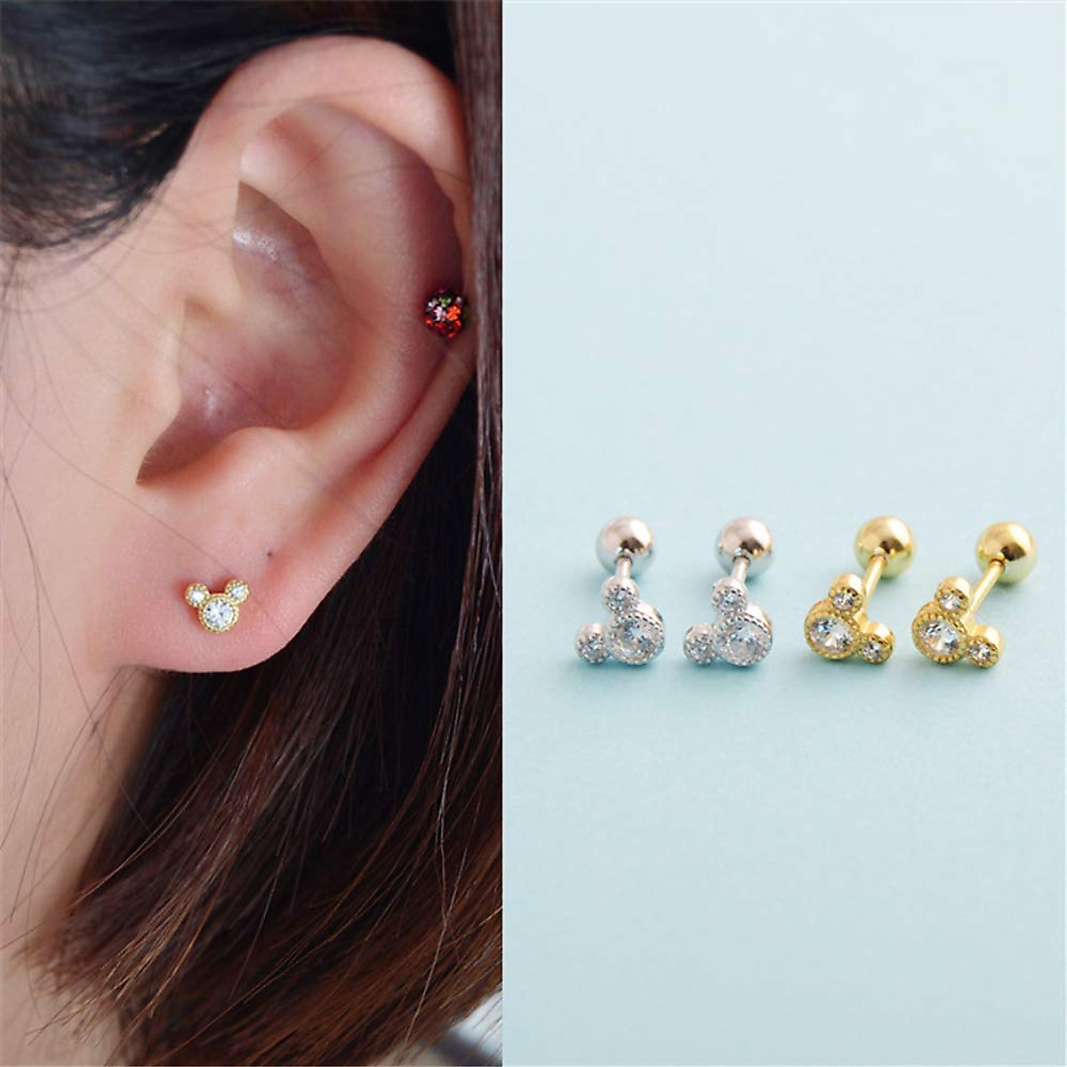 Tiny Cute Mouse Stud Sterling Silver Earrings for Women Girls Gold Plated Cubic Zirconia Mini Small 20g Barbell Ball Studs Cartilage Tragus 4 mm Bead Screw Back Piercing Body Jewelry (Gold)