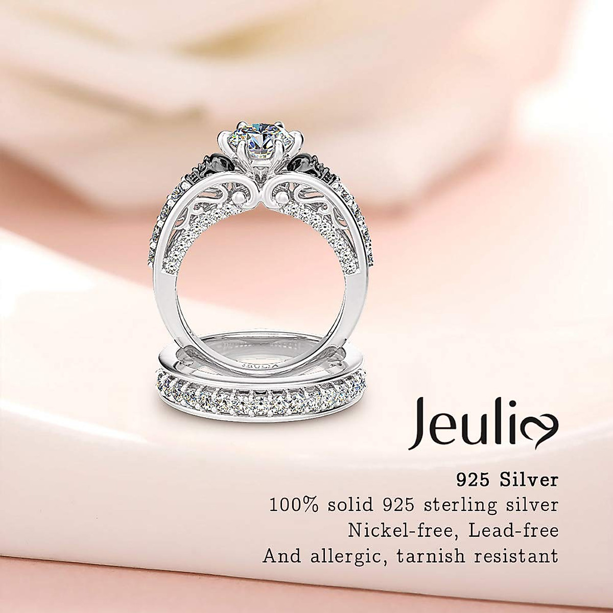 Jeulia 4Carat Women Curved Two Tone Skull Rings Sterling Silver White Diamond Bridal Ring Set Round Cut Halo Engagement Rings Cubic Zirconia Eternity Band Promise Wedding Anniversary (7)