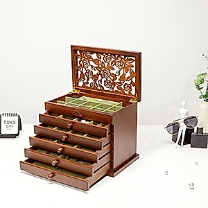 Wood Jewelry Box for Women - Real Wooden Jewelry Holder Organizer Box with Rose Leaf Patterns, Mothers Day Gifts, Jewelry Boxes for Storage Earrings Rings Necklace Bracelet, Ideal Gift for Women's Day