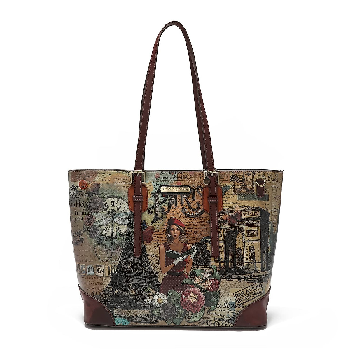 Nicole Lee Paris Fashion Week Large Shopper, Brown Tote Bag with Butterfly, Flower, Diamond Rhinestone Embellishments