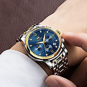 OLEVS Blue Quartz Watches for Men Big Dial Analog Chronograph Watch Easy Read Roman Numeral Mens Silver Gold Stainless Steel Strap Watches with Date Water Resistant Luminous Hands Diamond Watch Men