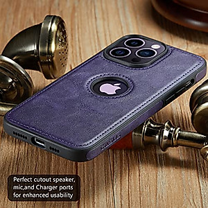 Casus Designed for iPhone 14 Pro Max Case Vegan Leather Slim Logo View Classic Luxury Elegant Thin Protective Cover (2022) 6.7" (Purple)