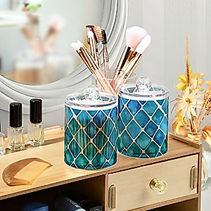 Fustylead 2 Pack Blue-green Squares Qtip Holder Dispensers, Bathroom Storage Canister Plastic Apothecary Jar Set for Cotton Swabs, Ball, Pads, Floss
