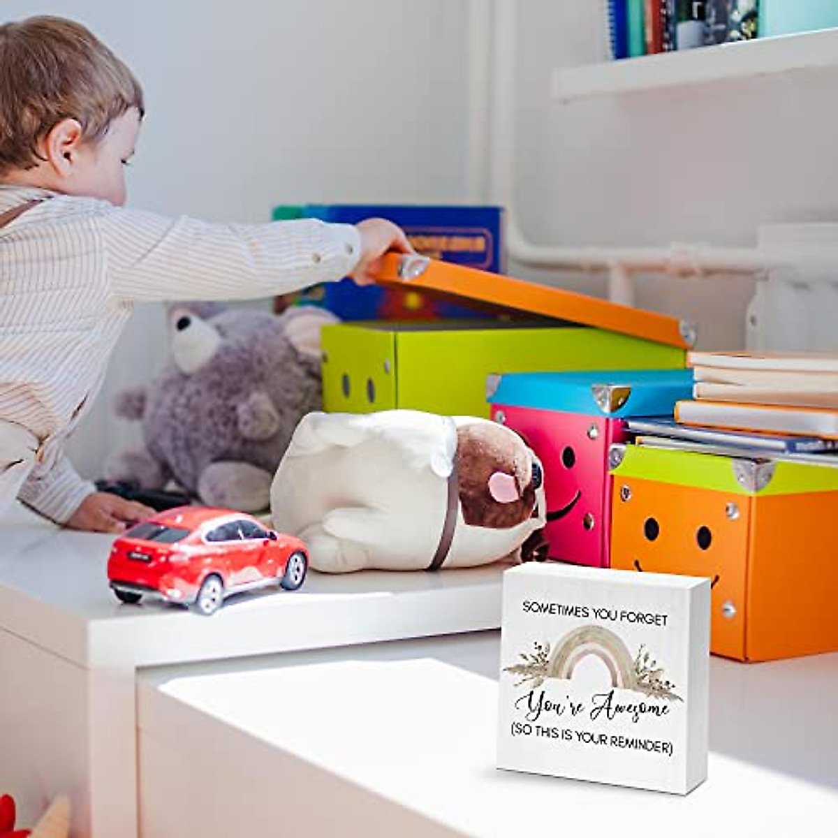 Boho Rainbow Theme Inspirational Desk Decor Wooden Box Sign - Motivational Table Sign For Kids Room Nursery Playroom Classroom-Sometime You Forget You're Awesome So This Is Your Reminder(TongMu-04)