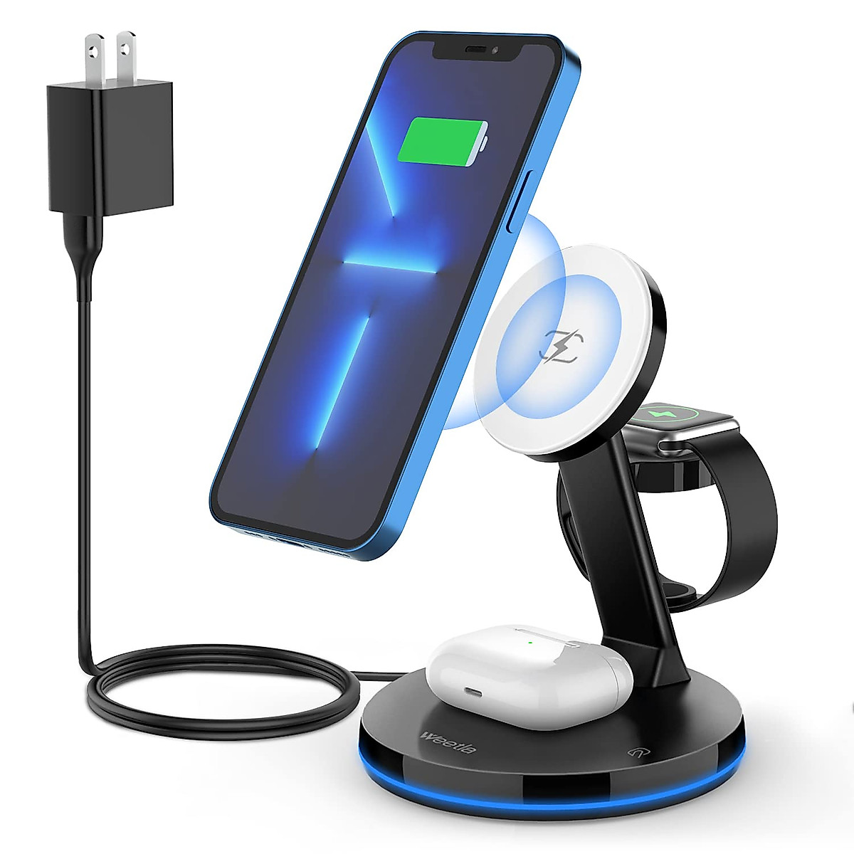 weetla 3 in 1 Magnetic Wireless Charger Stand,Fast Wireless Charger for iPhone 14/13/12 Series, iWatch 7/6/SE/5/4/3/2, AirPods 2/Pro(with QC3.0 Adapter)