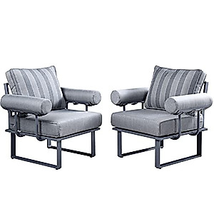 ovios Patio Dining Chairs Outdoor Chair High Back Aluminum Sofa Porch Chairs with Thick Cushion for Yard, Garden, Backyard (Black-Grey Stripe)