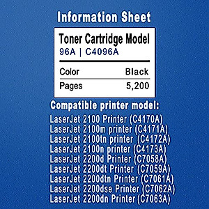 1-Pack High Yield 96A C4096A Black Toner Cartridge : VSRNK Compatible Replacement for HP 96A Toner Cartridge 2100 2100m 2100tn 2100n 2200d 2200dt 2200dtn 2200dse 2200dn 2200 Printer