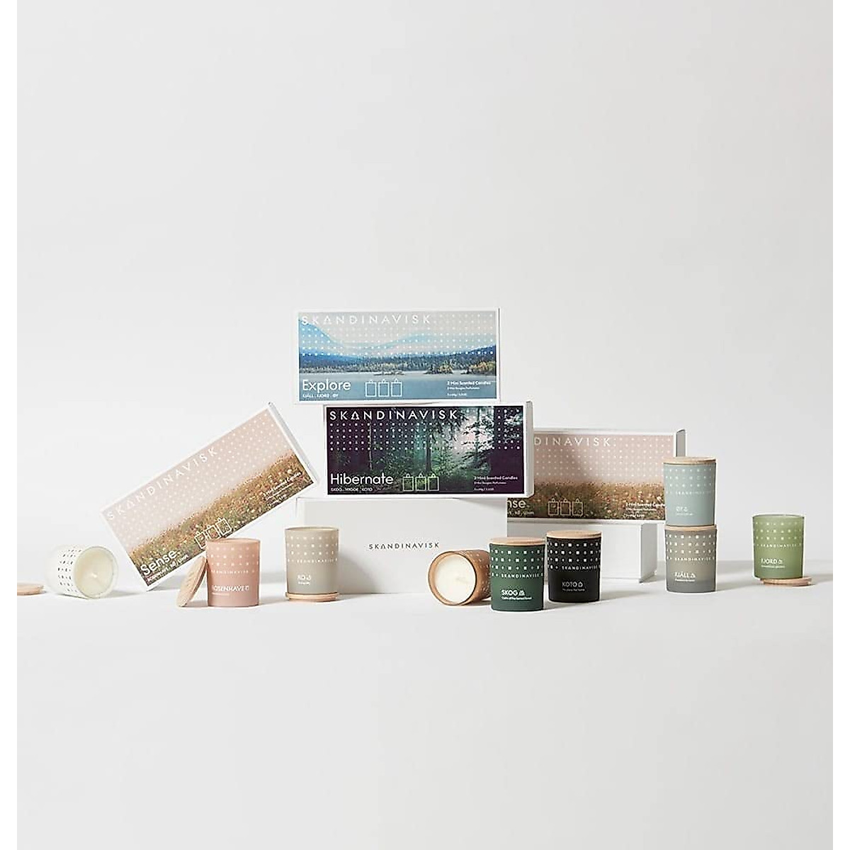 Skandinavisk Explore Giftset of 3 Mini Scented Candles. FJÄLL ‘Highland’, Fjord, and ØY 'Island'. Vegan Formula. 3 x 2.3 oz.