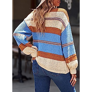 EVALESS Womens Long Sleeve V Neck Knit Striped Fall Winter Sweaters Pullover 2023 Oversized Chunky Color Block Casual Loose Cropped Tops,Orange M