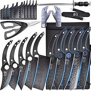 XYJ Professional Kitchen Knife Set with High-Carbon Steel Forged Blades, Chef's Knife, Cleaver, Carving Knife, Nakiri, Full Tang Design, Includes Carrying Bag & Poultry Scissors