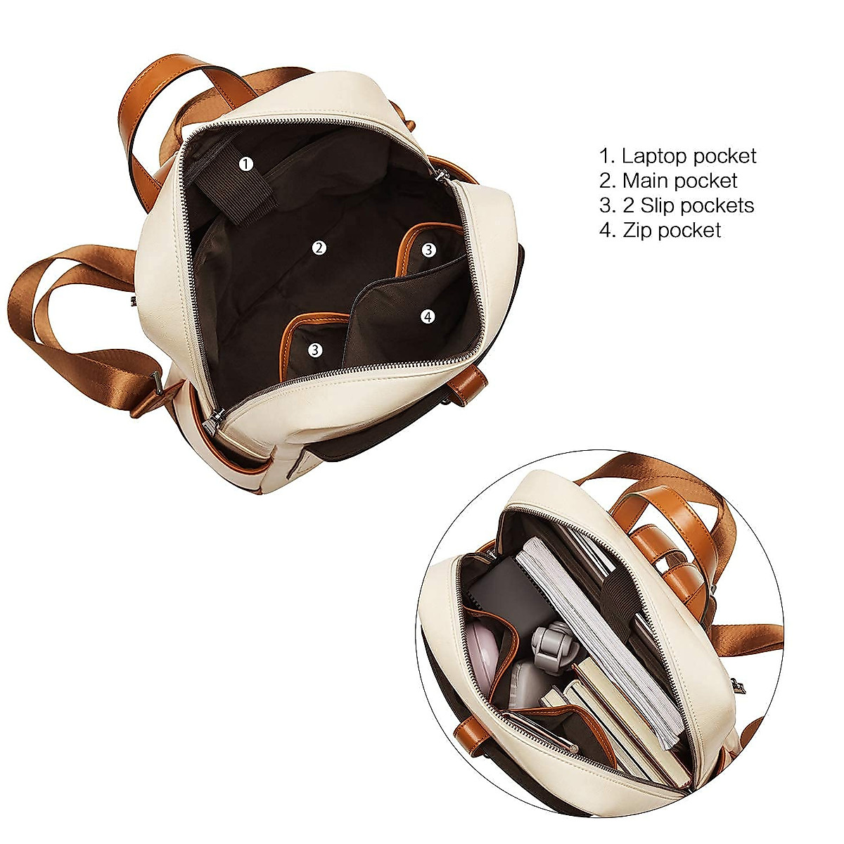 BOSTANTEN Leather Laptop Backpack Purse Casual College Casual Bags Daypack Beige-White and Leather Wallets for Women RFID Blocking Zipper Pocket Small Bifold Wallet Card Case White