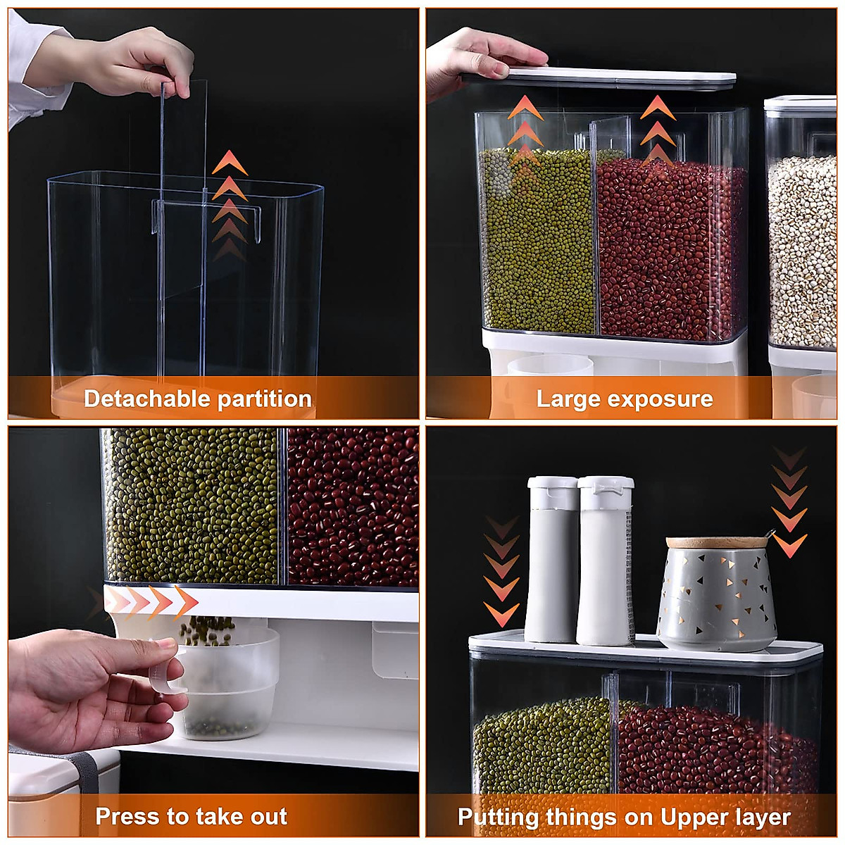 LANIAKEA Rice Dispenser, Laundry Detergent Dispenser, Wall-Mounted Rice Dispenser Container with Lids, Large Capacity Dry Food Storage Container for Rice, Beans, Laundry Scent Beads, Dog Food