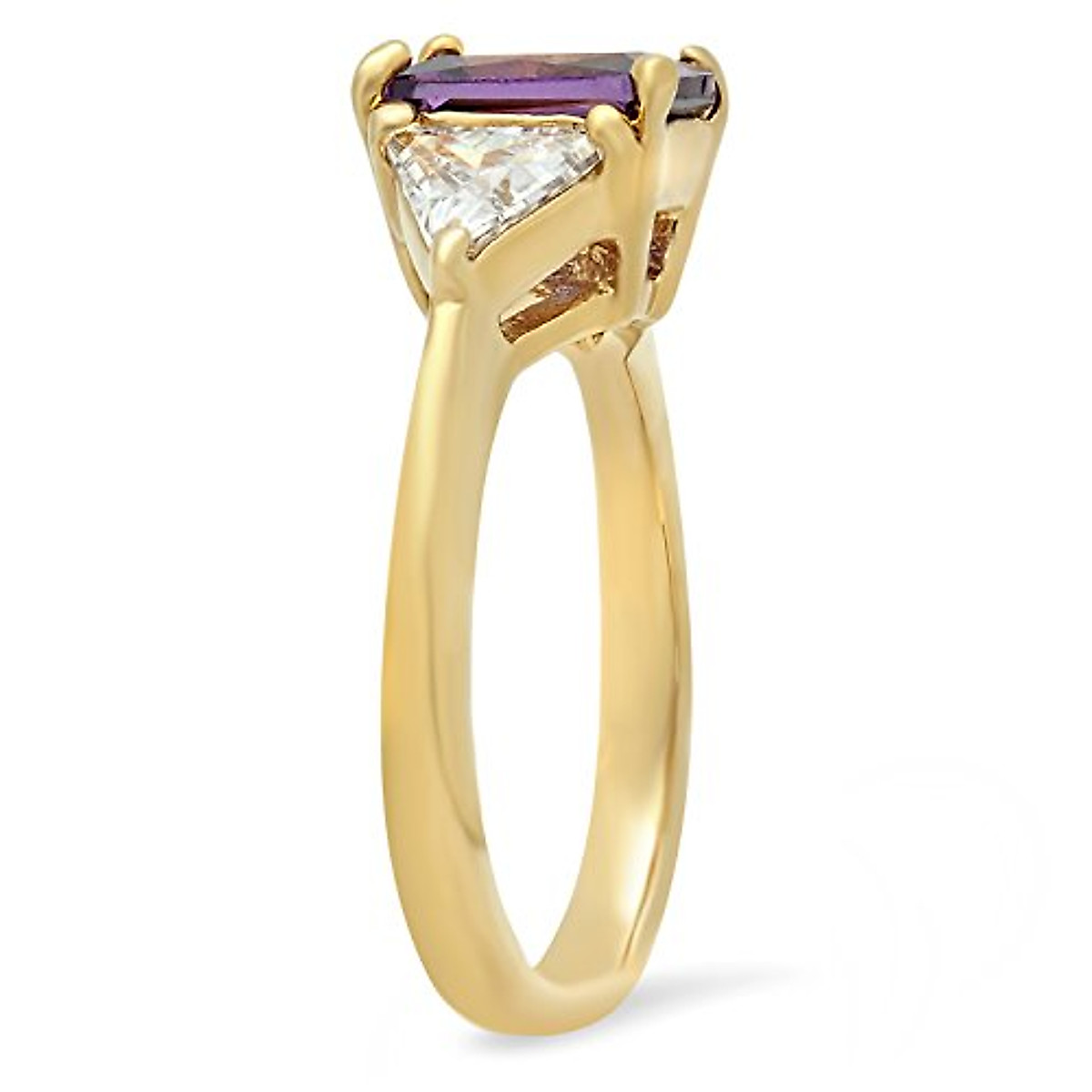 The Bling Factory Gold Plated Emerald-Cut Violet Purple CZ Three-Stone Ring, Size 6.5