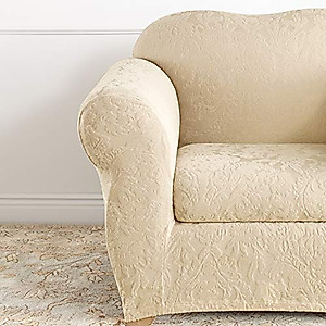 Surefit Stretch Jacquard Damask Box Cushion Chair Two Piece Slipcover, Form Fit, Polyester/Spandex, Machine Washable, Oyster