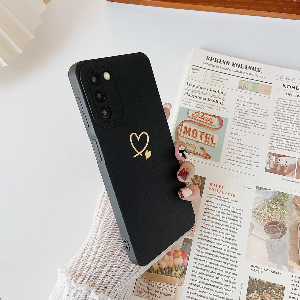 Qokey for Galaxy A03S Case 6.5"(164mm),Cute Bling Plated Gold Love Heart with Anti-Fall Camera Lens Cover Protection Soft Phone Case for Samsung Galaxy A03S,Black