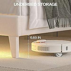 Lihimte Queen Size Bed Frame with Led Lights, Upholstered Velvet Platform Bed Frames with Button Tufted Wingback Headboard and Footboard, Wooden Slats Support, No Box Spring Needed, Beige