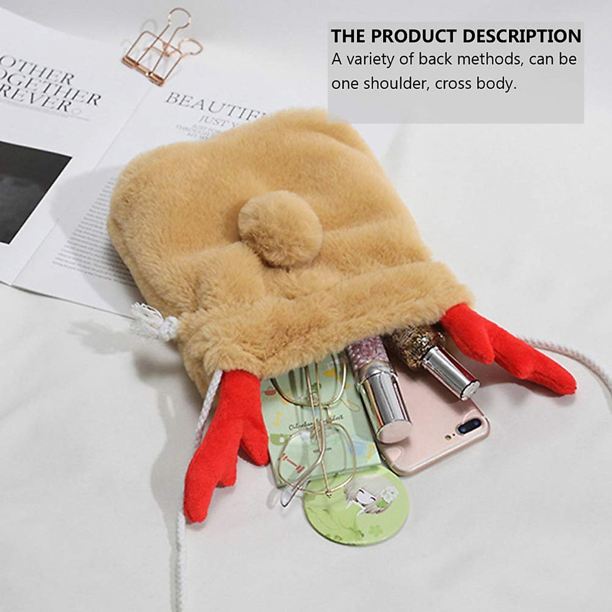 TENDYCOCO Crossbody Bag Faux Fur Purse Reindeer Antler Shoulder Bag Drawstring Bucket Purse for Women Girls